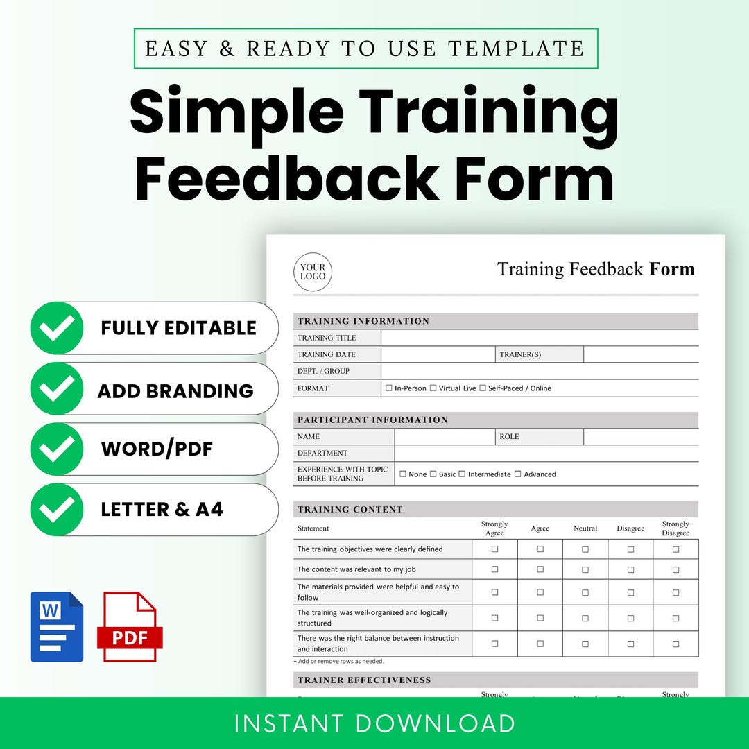 Simple Training Feedback Form Template – Word & PDF, A4 + US Letter - Etsy