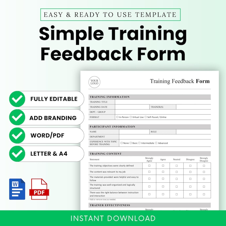 Simple Training Feedback Form Template – Word & PDF, A4 + US Letter - Etsy