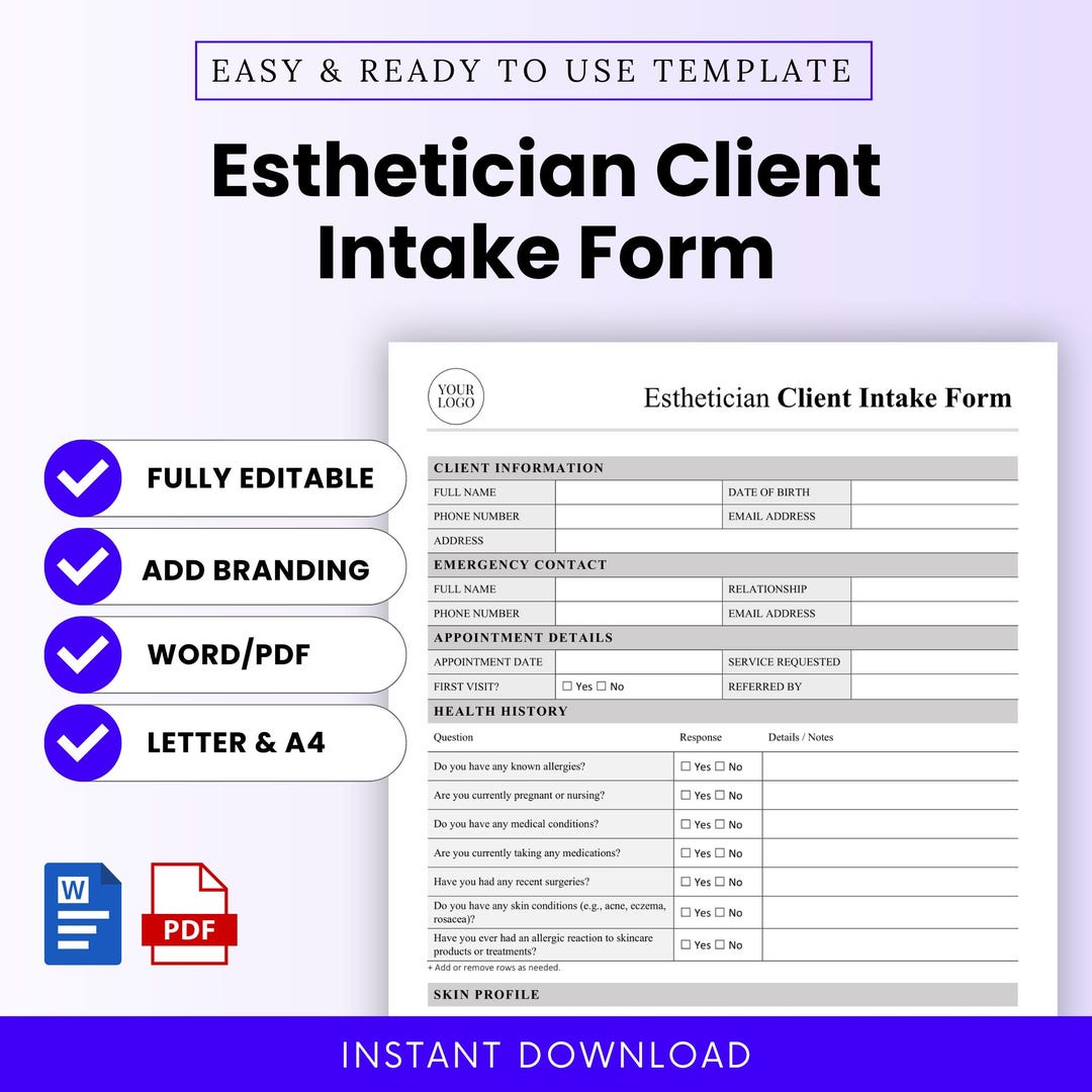 Esthetician Client Intake Form Template – Word & PDF, A4 + US Letter - Etsy