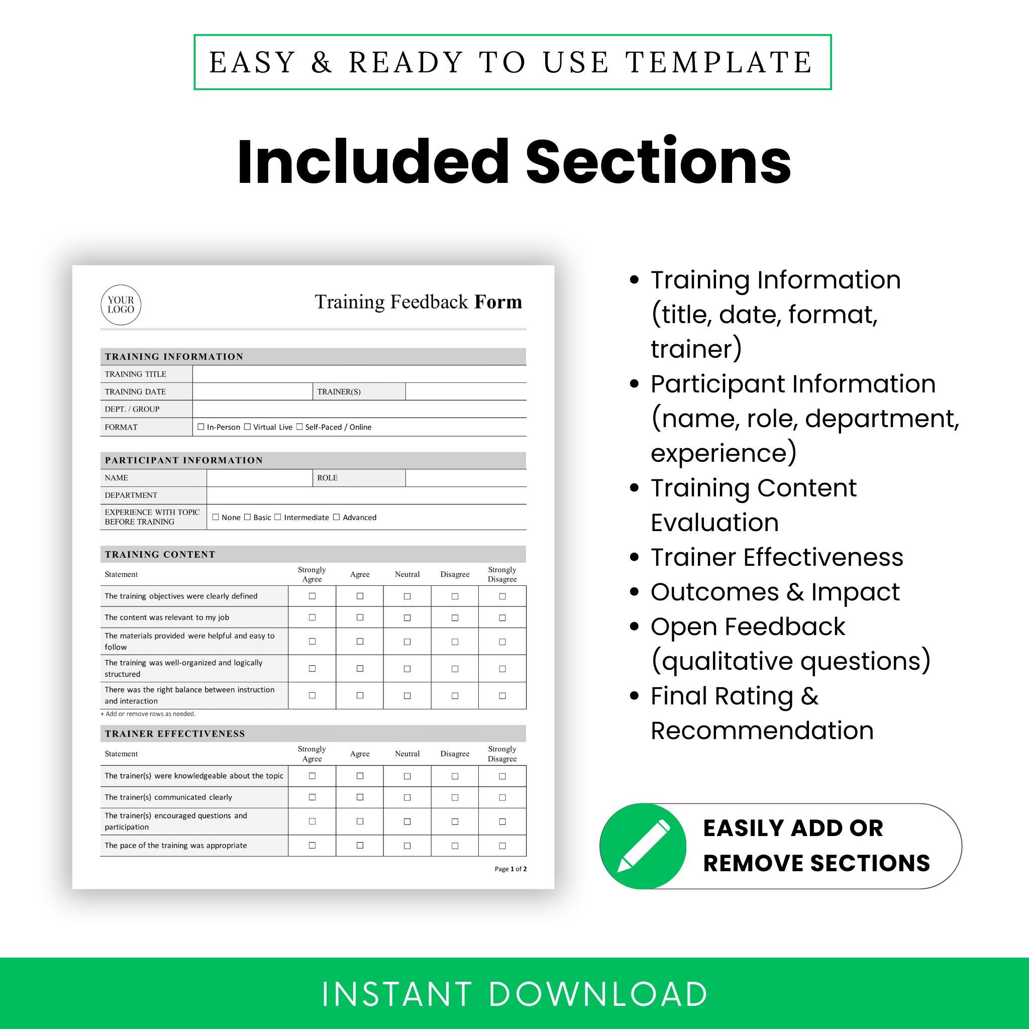 Simple Training Feedback Form Template – Word & PDF, A4 + US Letter - Etsy