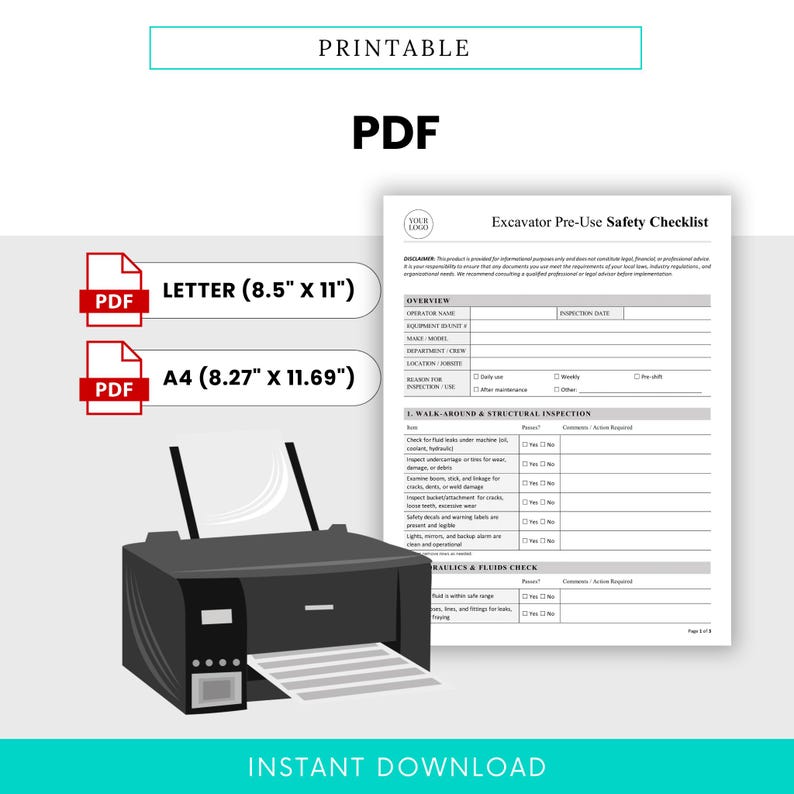 Excavator Pre-use Safety Checklist Template – Word & PDF, A4 + US ...