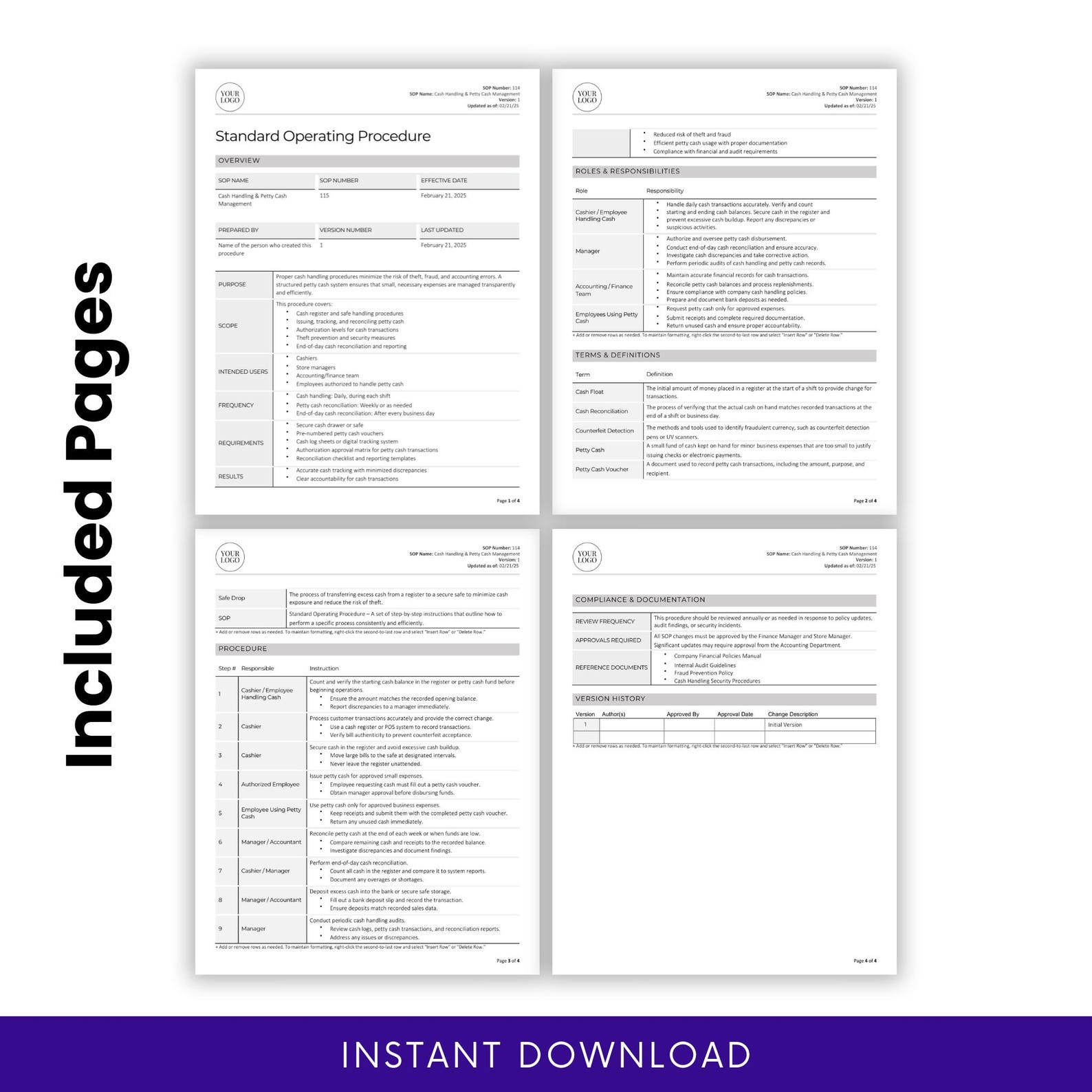 Cash Handling, Petty Cash Management SOP Template (Word, PDF) | Simple ...