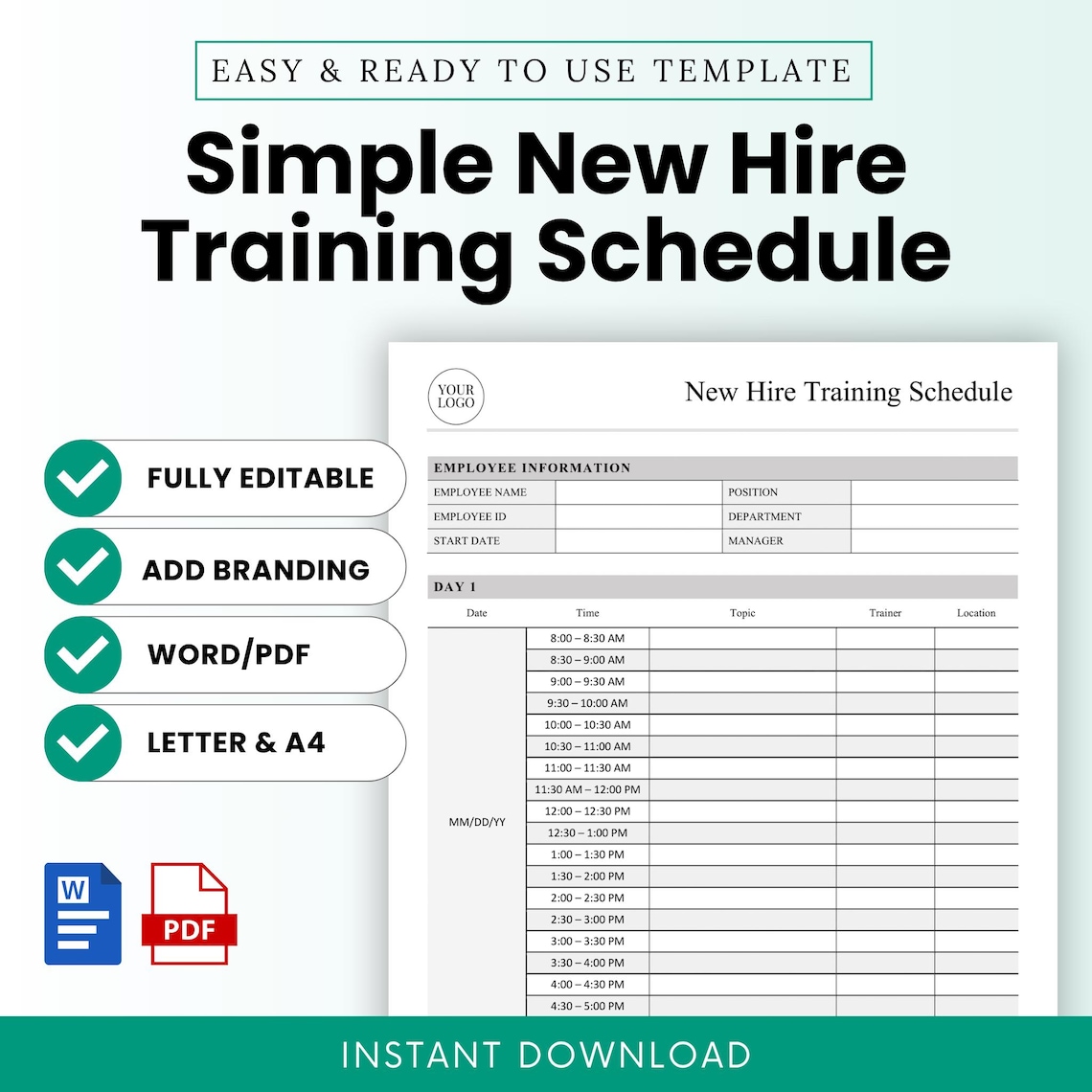 Simple New Hire Training Schedule Template (word, PDF) | HR Template ...
