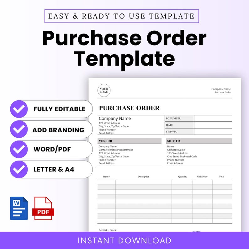 Purchase Order Template (word, PDF) | Printable, Editable, Business ...
