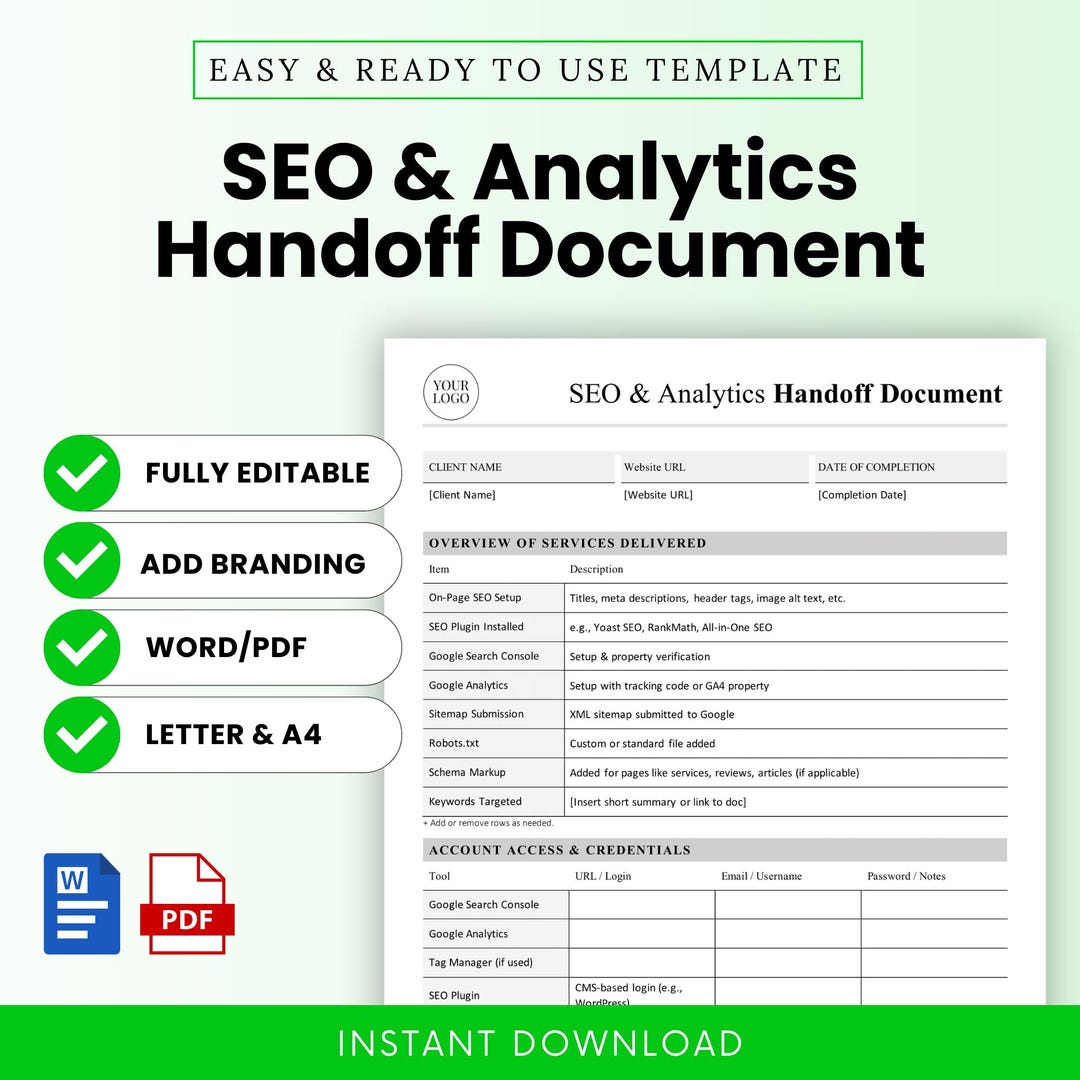 SEO and Analytics Handoff Document – Word & PDF, A4 + US Letter - Etsy