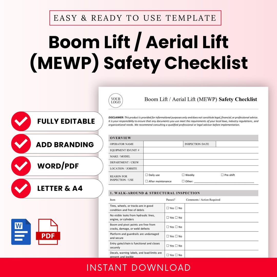 Boom Lift / Aerial Lift (MEWP) Safety Checklist Template – Word & PDF ...