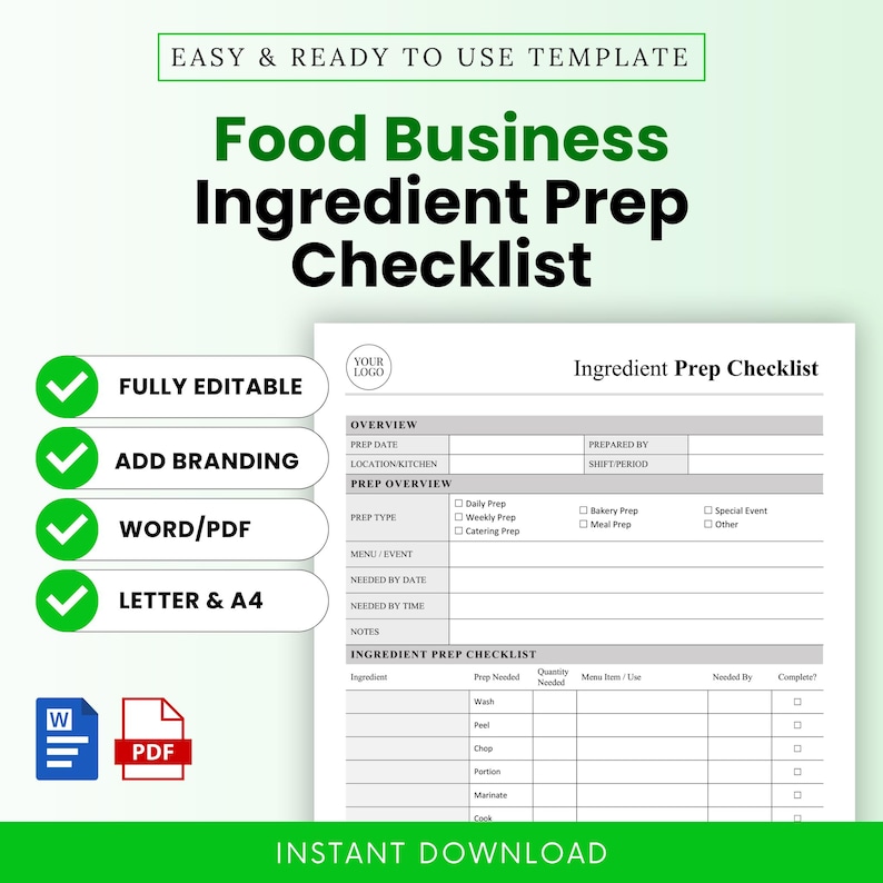 Food Business Ingredient Prep Checklist Template – Word & PDF, A4 + US ...