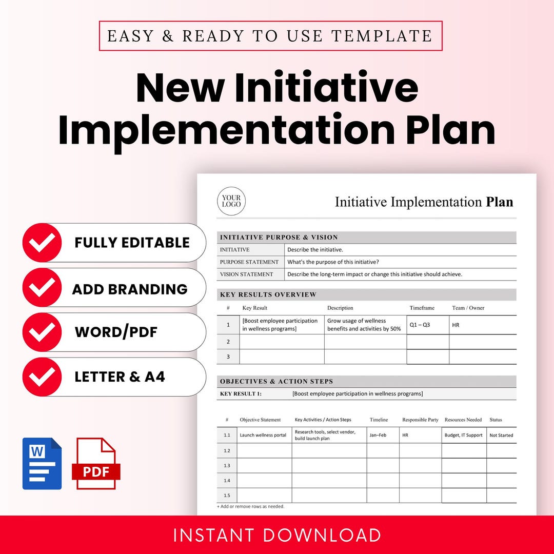 Initiative Implementation Plan Template – Word & PDF, A4 + US Letter - Etsy