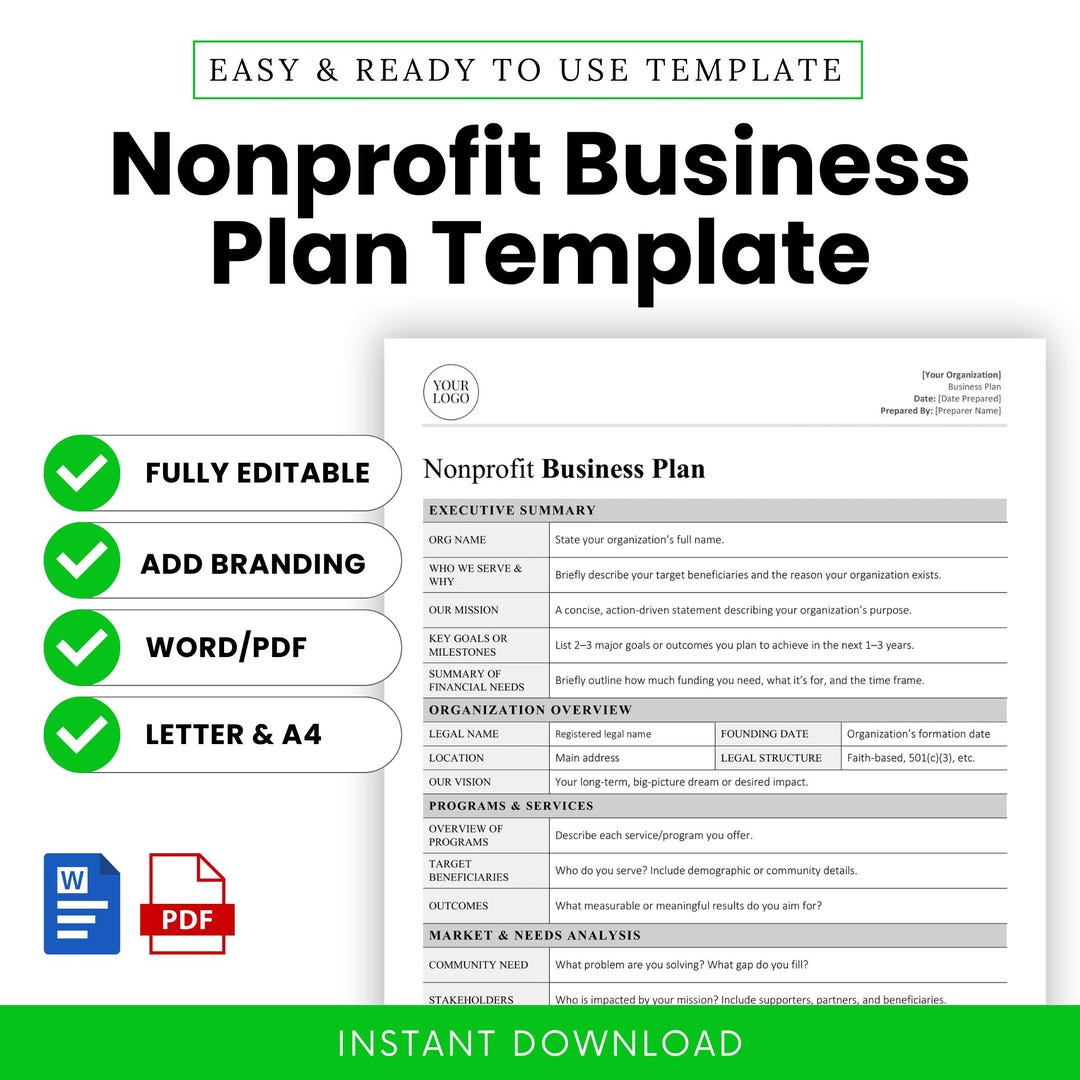 Nonprofit Business Plan Template (word, PDF) | Simple Business Plan ...