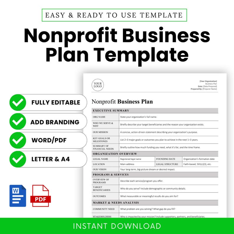 Nonprofit Business Plan Template (word, PDF) | Simple Business Plan Format, Not-for-profit ...