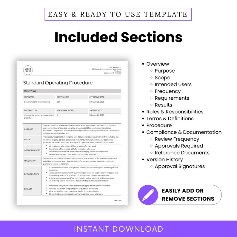 Document Control & Versioning SOP Template (word, PDF) | Simple Standard Operating Procedure ...