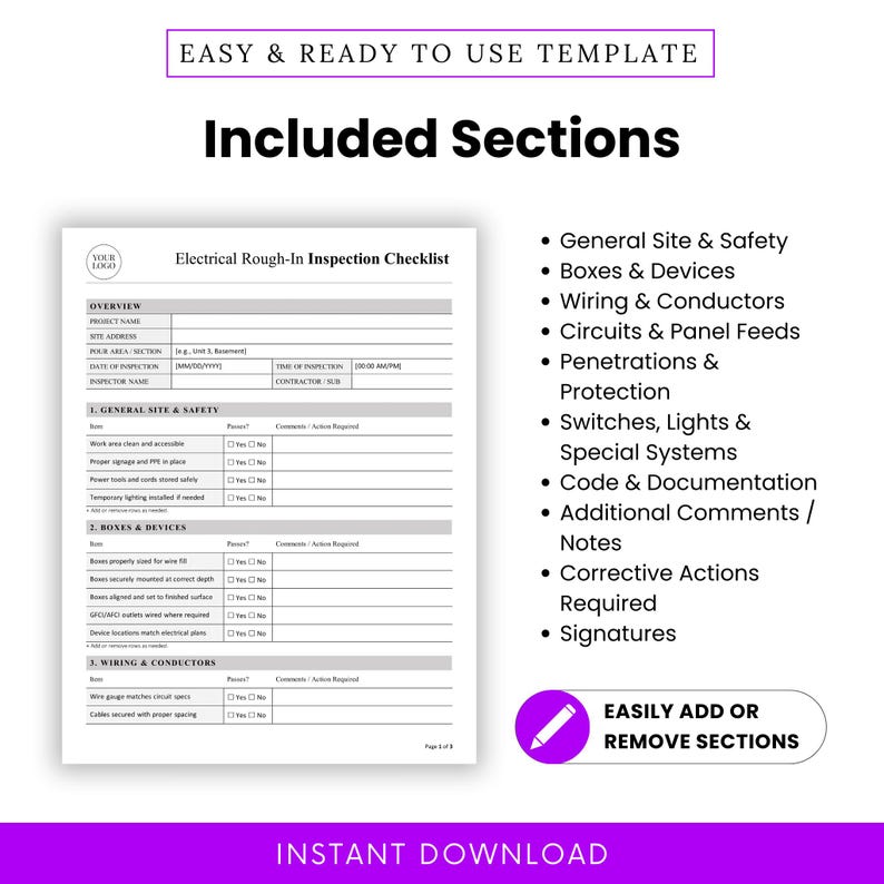 Electrical Rough-in Inspection Checklist Template – Word & PDF, A4 + US ...