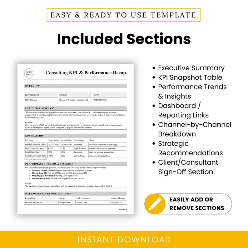Consulting KPI and Performance Recap Template – Word & PDF, A4 + US ...