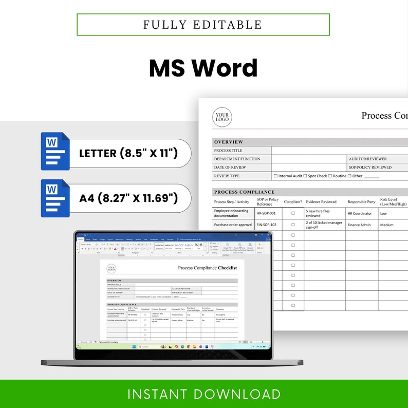 Process Compliance Checklist Template – Word & PDF, A4 + US Letter - Etsy
