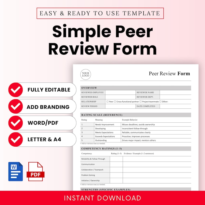Simple Peer Review Form Template – Word & PDF, A4 + US Letter - Etsy