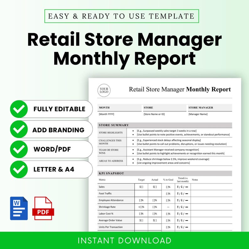 Retail Store Monthly Manager Report Template – Word & PDF, A4 + US Letter - Etsy