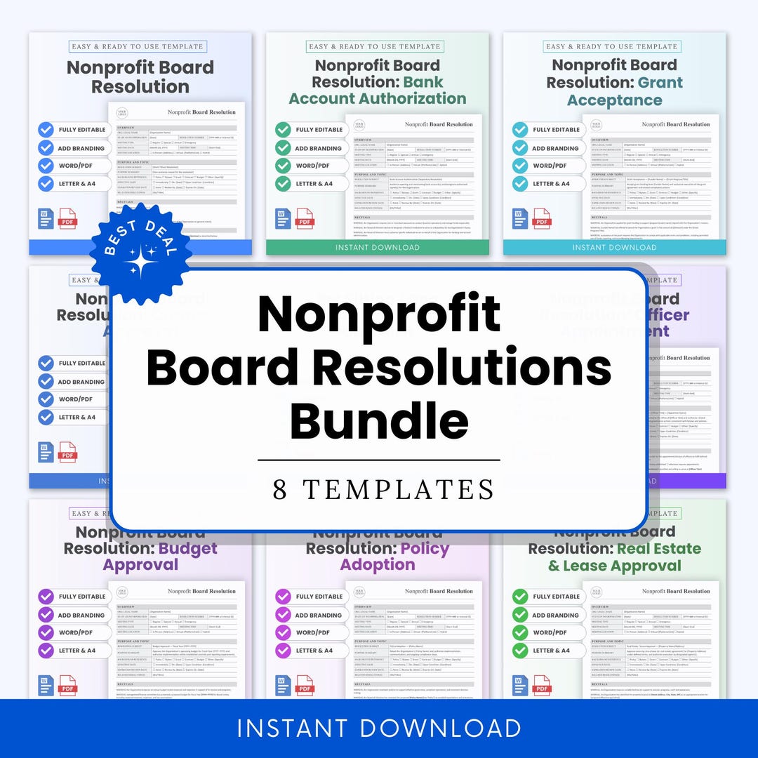 Nonprofit Board Resolution Templates Bundle – Word & PDF, A4 + US ...