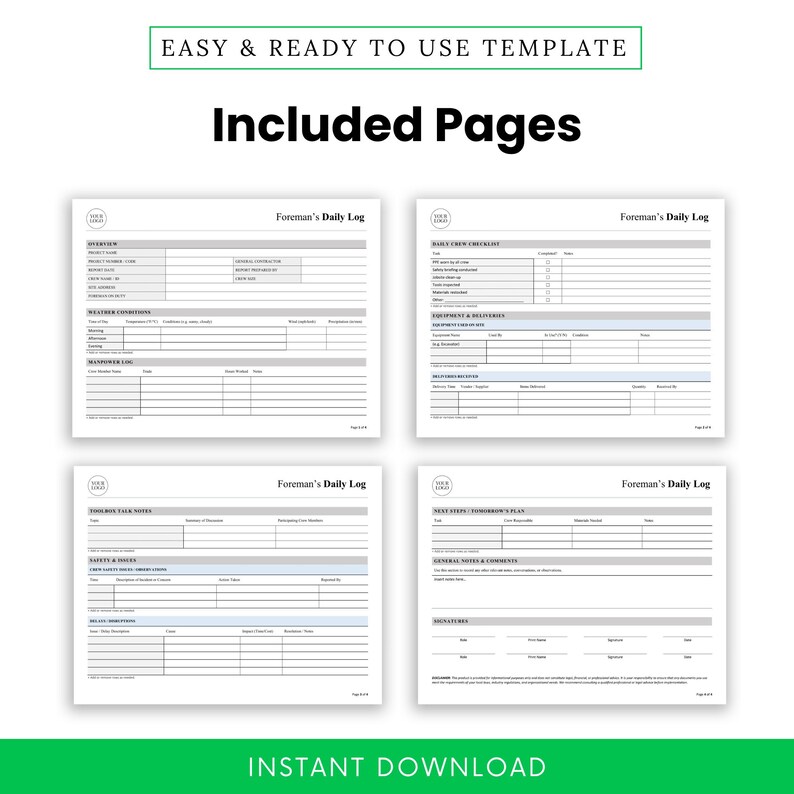 Construction Foreman's Daily Log Template – Word & PDF, A4 + US Letter ...