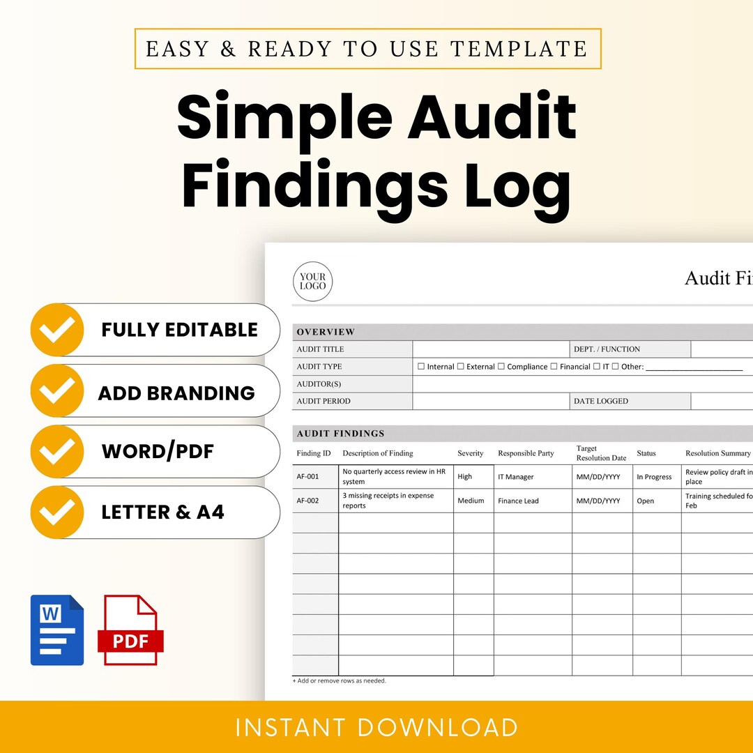 Simple Audit Findings Log Template – Word & PDF, A4 + US Letter - Etsy