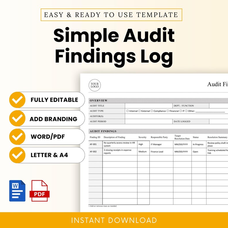 Simple Audit Findings Log Template – Word & PDF, A4 + US Letter - Etsy