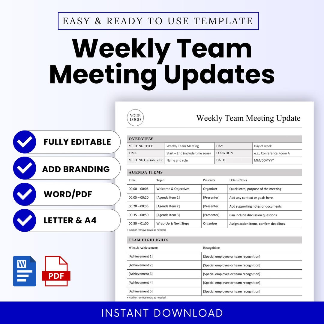 Weekly Team Meeting Updates Template (word, PDF) | Simple Meeting ...