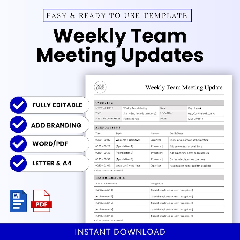 Weekly Team Meeting Updates Template (word, PDF) | Simple Meeting ...