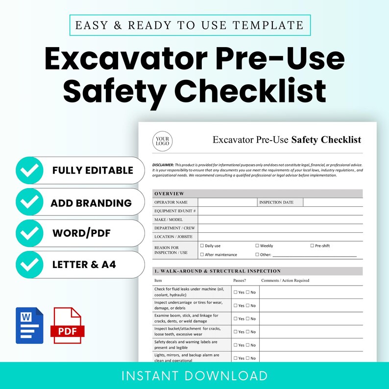 Excavator Pre-use Safety Checklist Template – Word & PDF, A4 + US ...