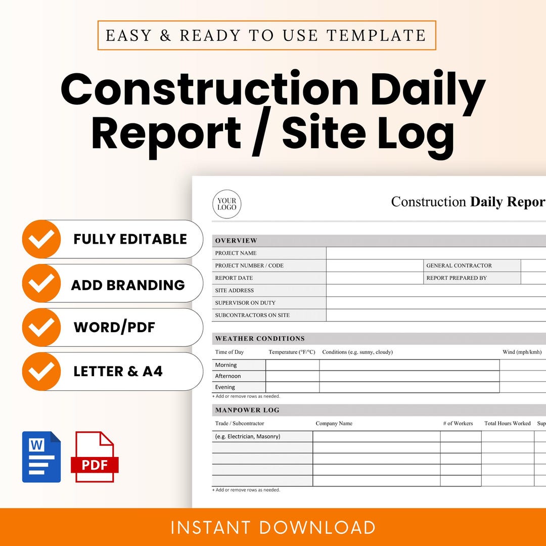 Construction Daily Report / Site Log Template – Word & PDF, A4 + US ...