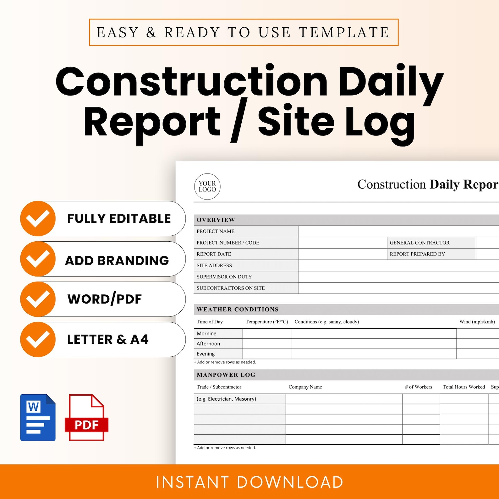 Construction Daily Report / Site Log Template – Word & PDF, A4 + US ...