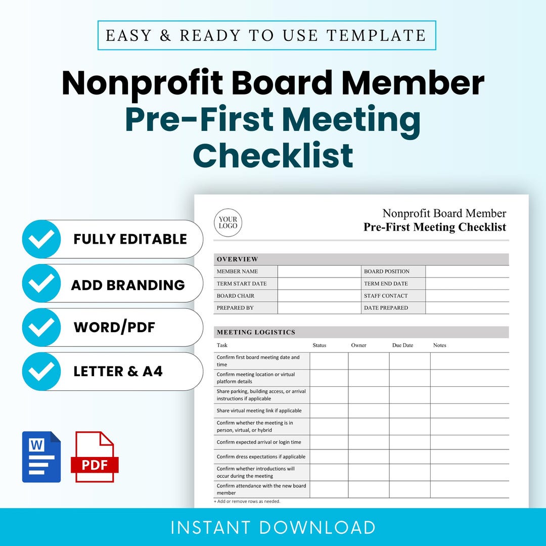 Nonprofit Board Member Pre-first Meeting Checklist Template – Word ...