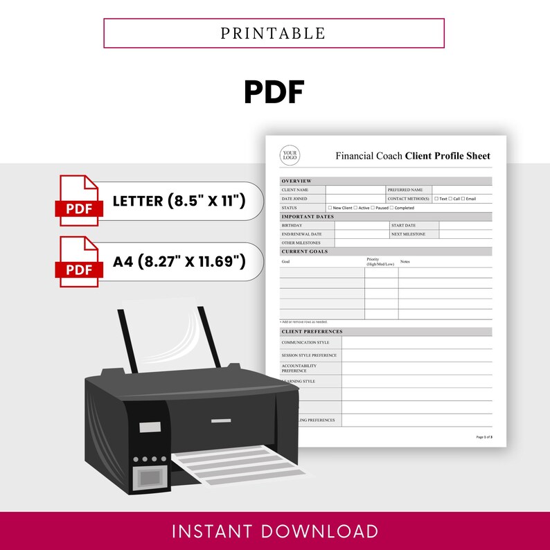 Financial Coach Client Profile Sheet Template – Word & PDF, A4 + US ...