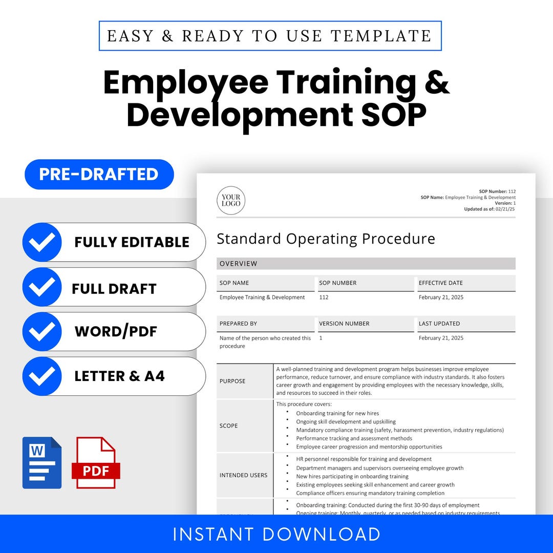 Employee Training & Development SOP Template (word, PDF) | Simple Standard Operating Procedure ...