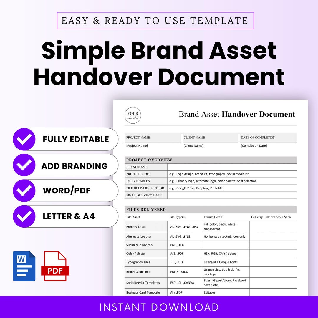 Simple Brand Asset Handover Document – Word & PDF, A4 + US Letter - Etsy