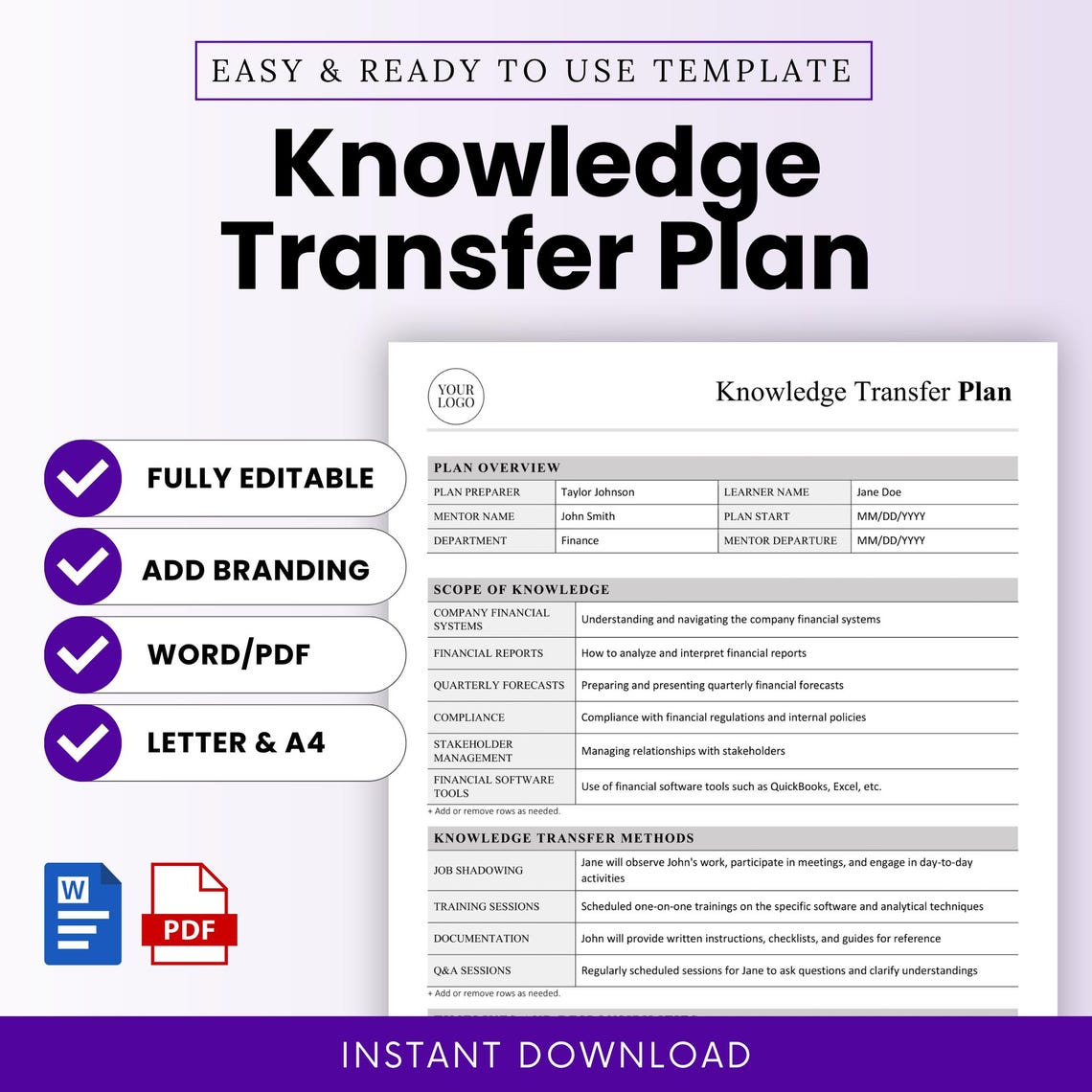 Knowledge Transfer Plan Template (word, PDF) | Simple Employee ...
