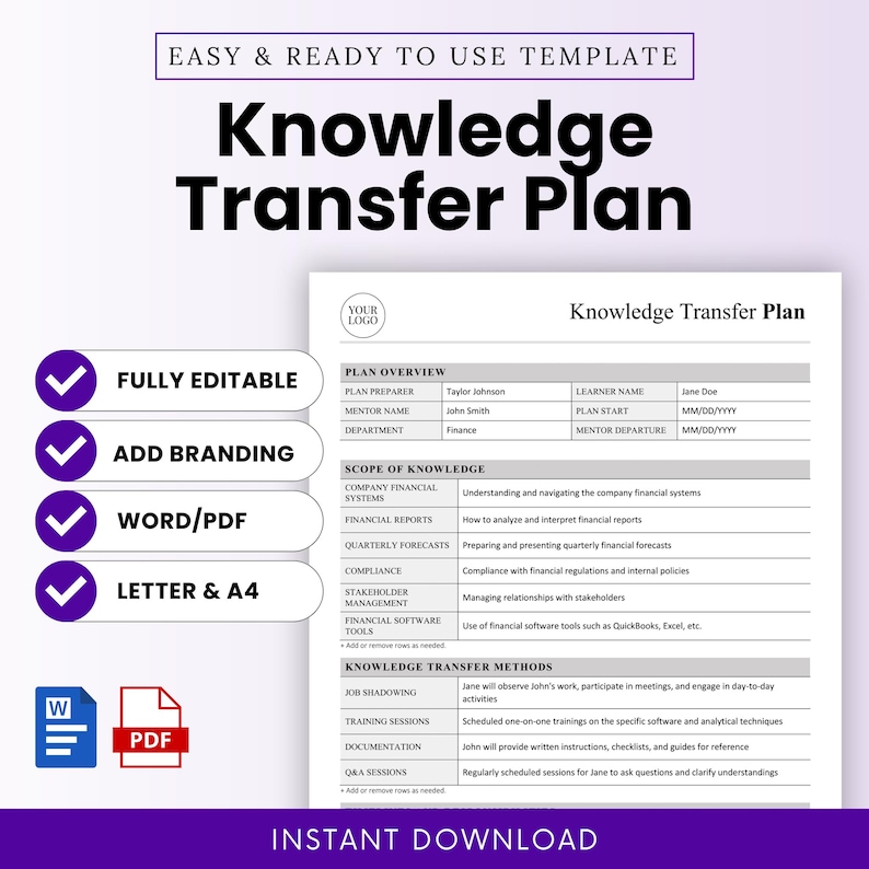 Knowledge Transfer Plan Template (word, PDF) | Simple Employee ...