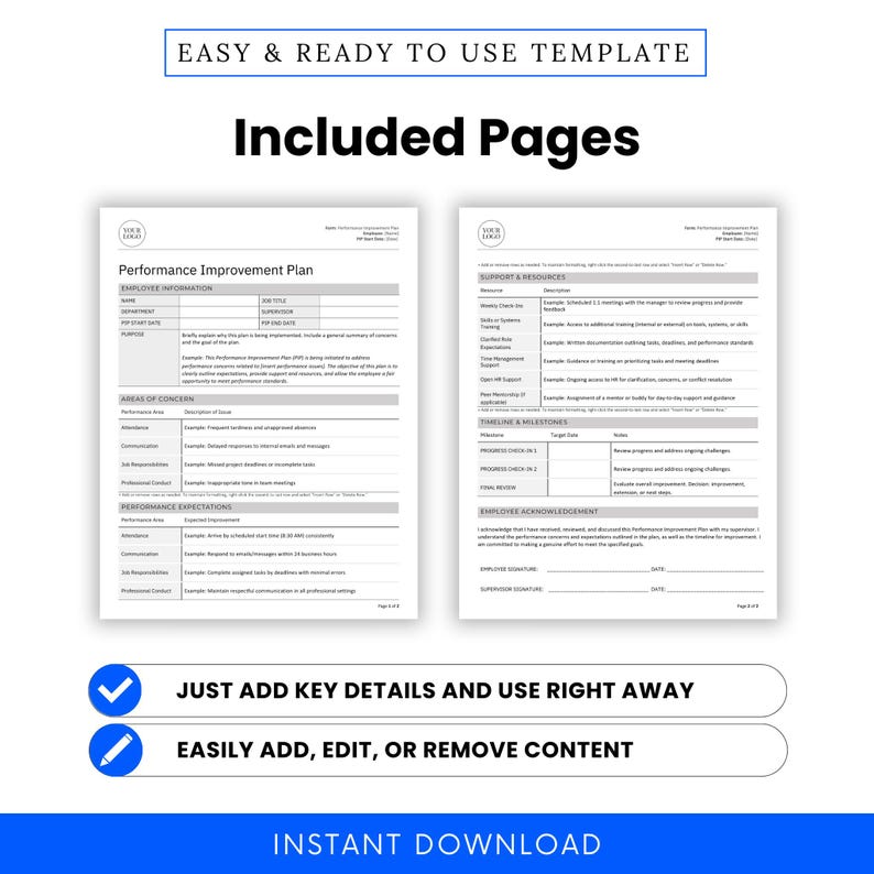 Performance Improvement Plan (MS Word, Pdf) | Simple HR Template Office ...