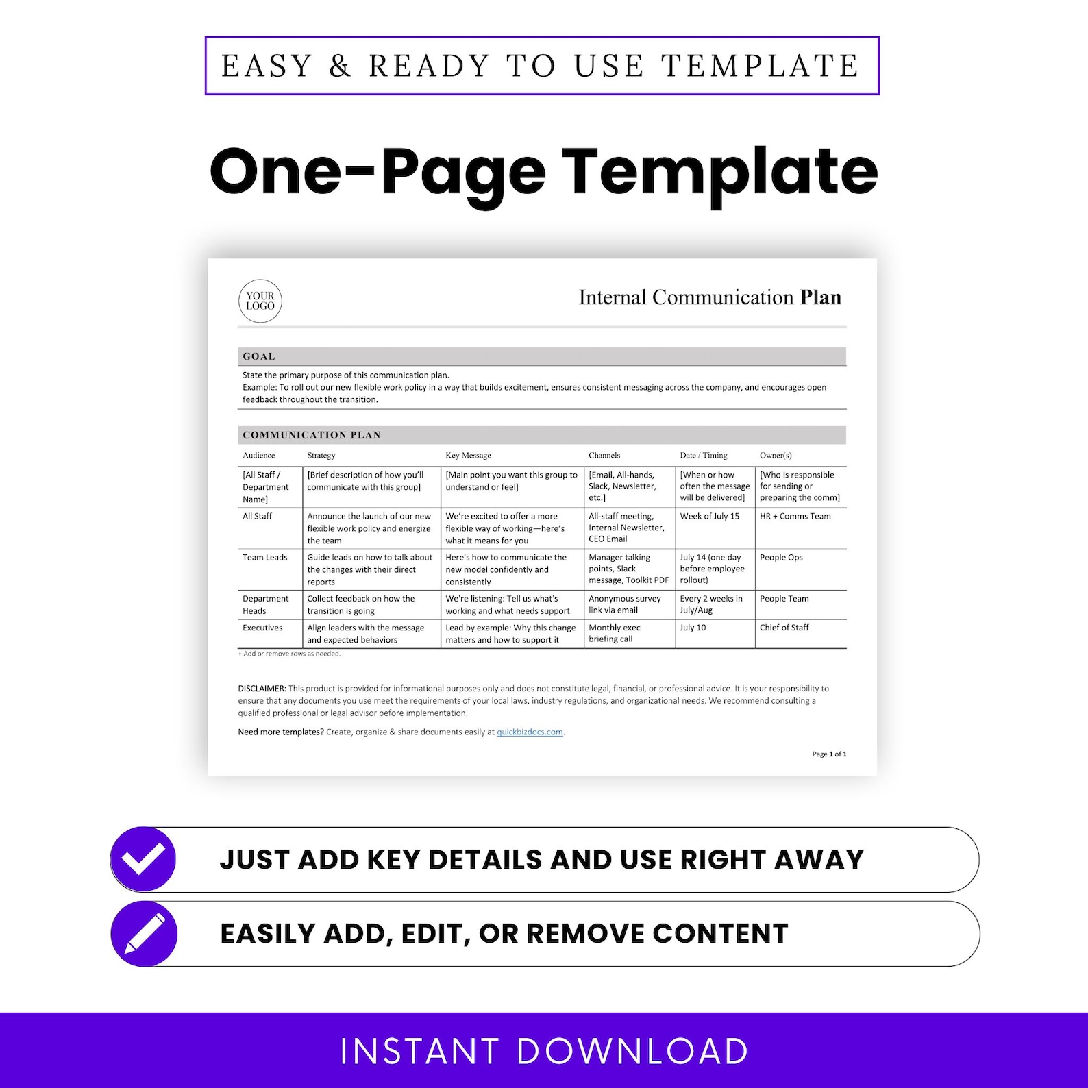 Internal Communication Plan Template (MS Word, PDF) | Memo Template ...
