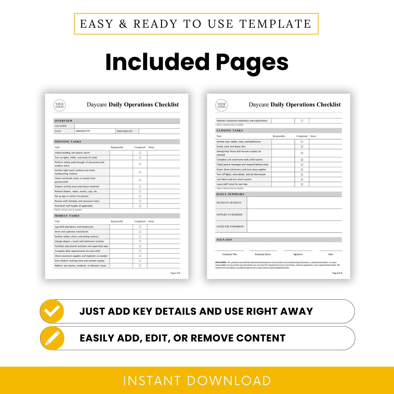 Daycare Daily Operations Checklist Template – Word & PDF, A4 + US ...