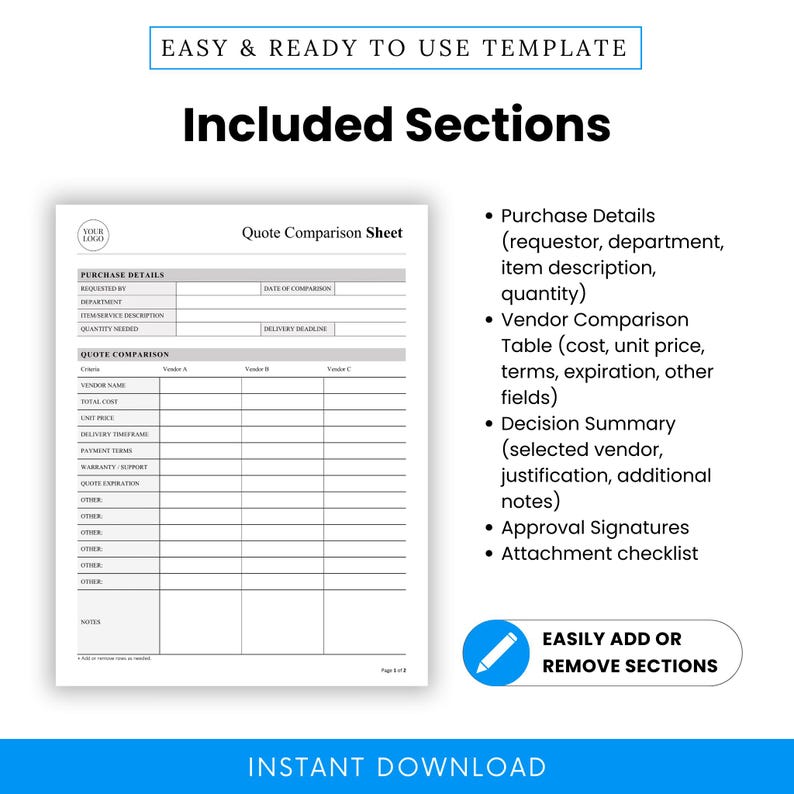 Simple Vendor Quote Comparison Sheet Template – Word & PDF, A4 + US ...