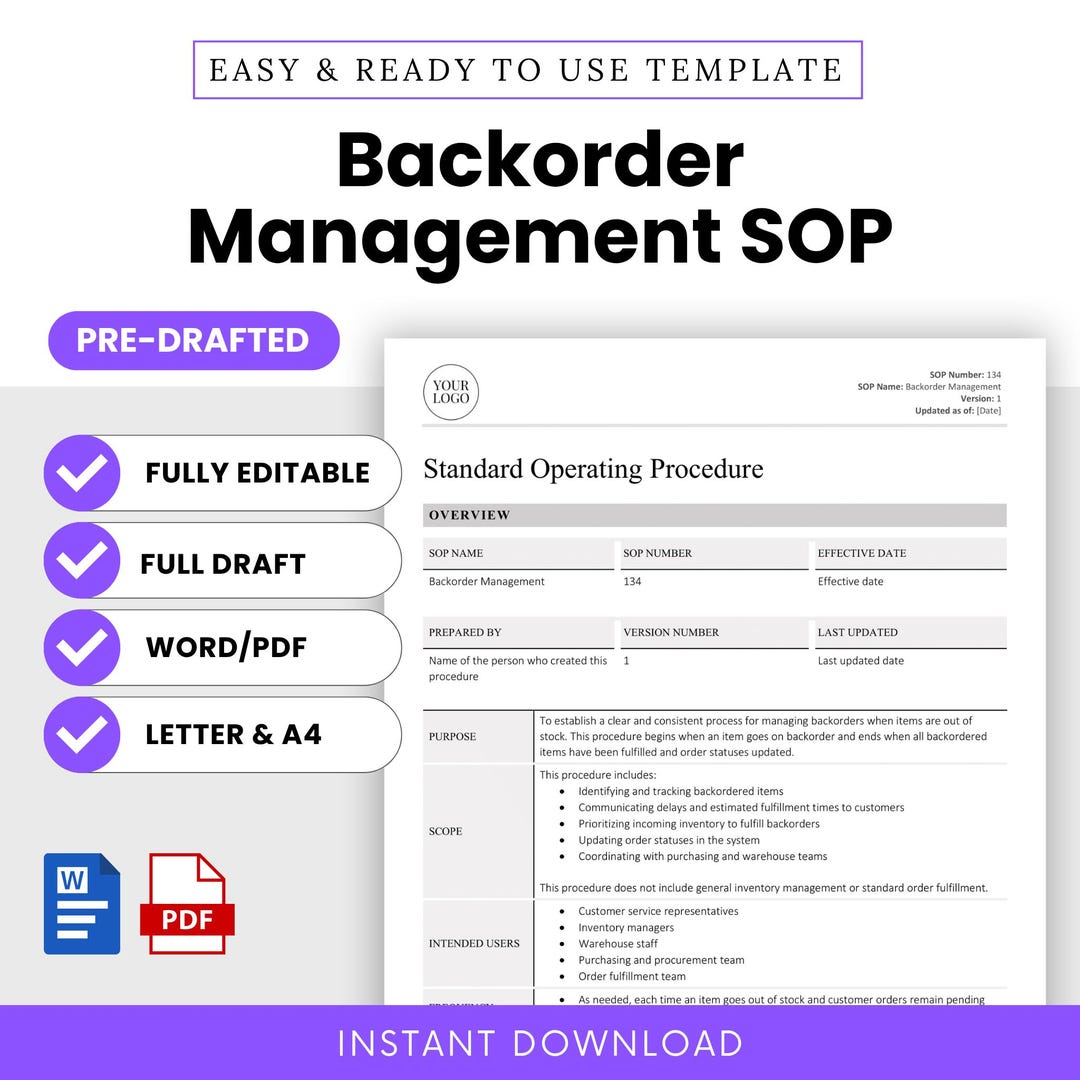 Backorder Management SOP Template (word, PDF) | Simple Standard ...