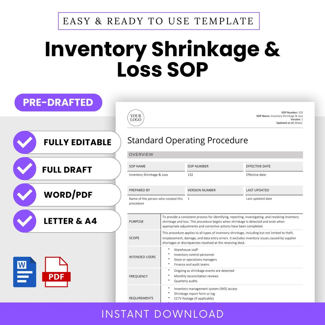 Inventory Shrinkage & Loss SOP Template (word, PDF) | Simple Standard ...