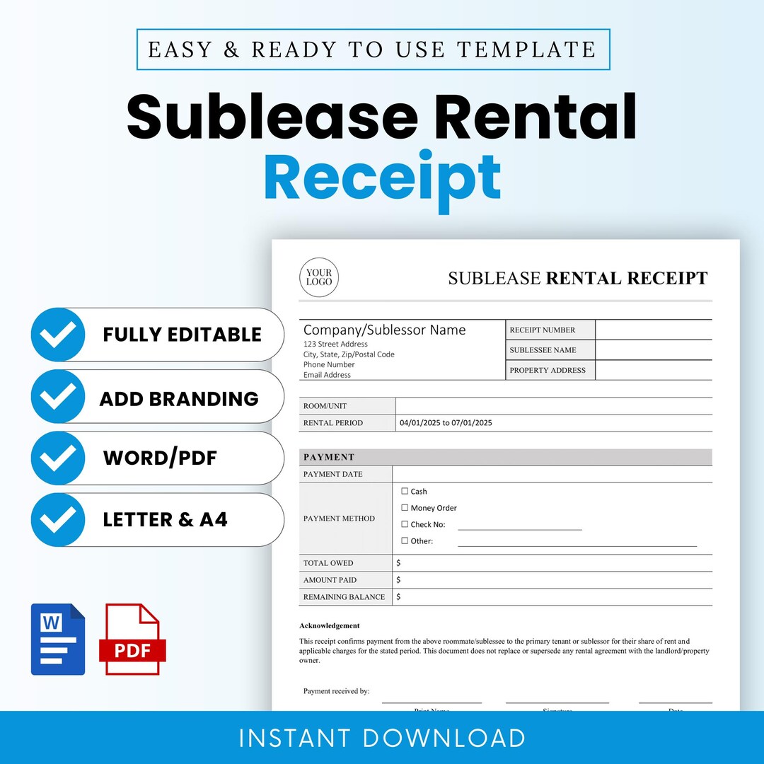 Simple Sublease Rental Receipt Template (word, PDF) | Rental Receipt ...