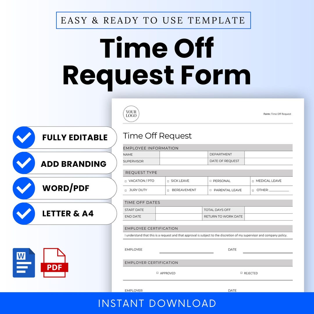 Time off Request Form Template (word, PDF) | Simple Employee PTO Form ...