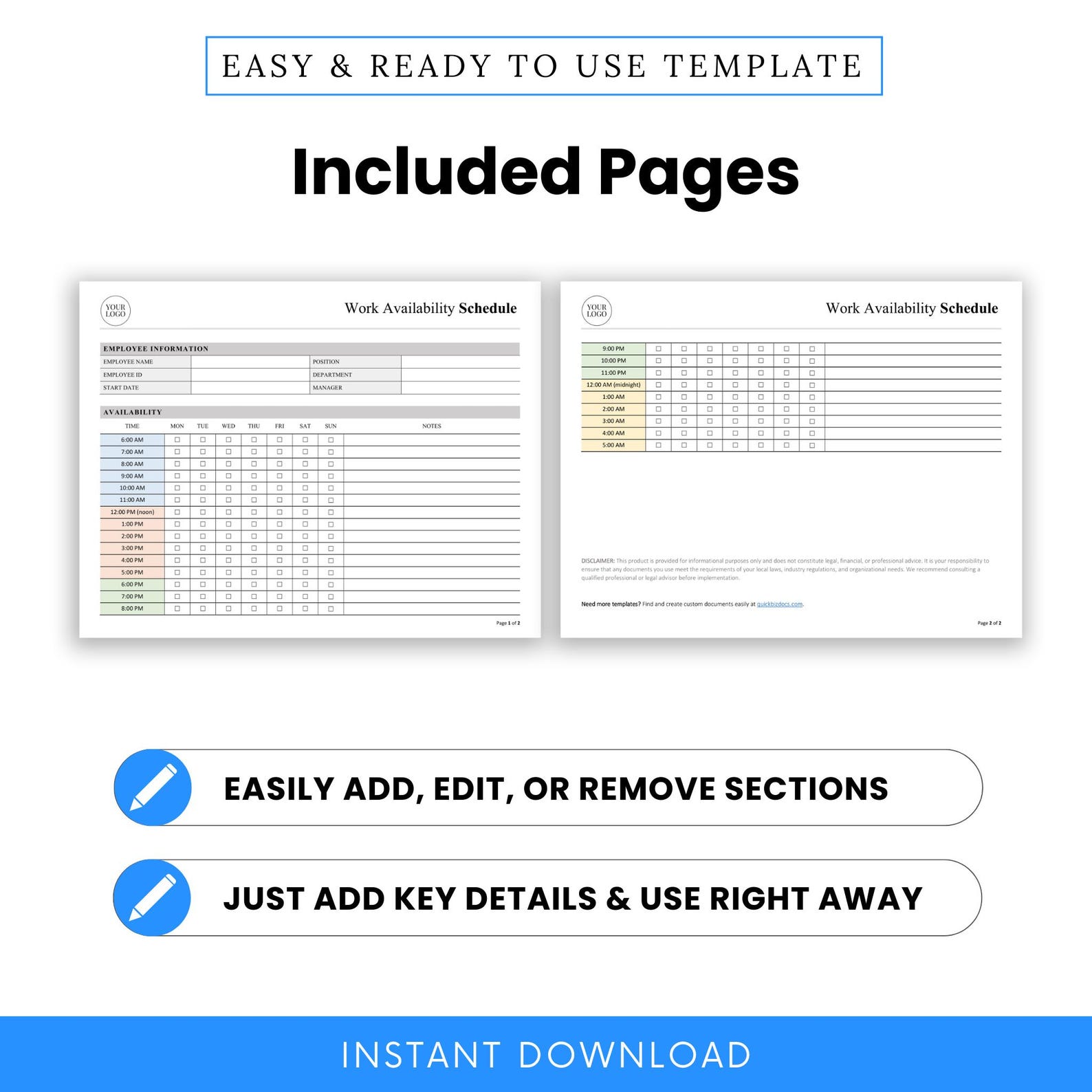Employee Availability Schedule Template (word, PDF) | Work Availability ...
