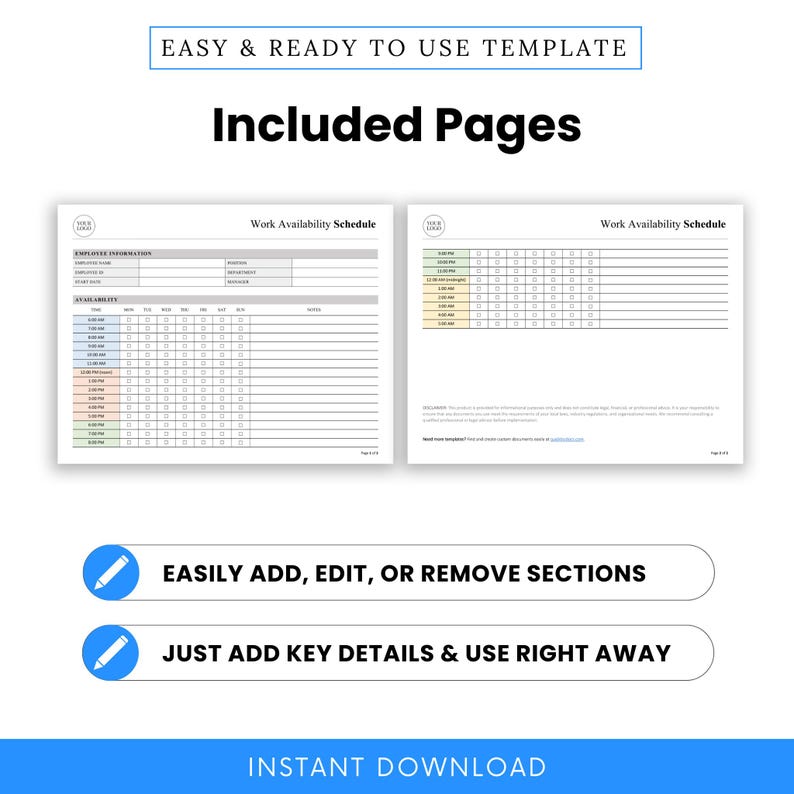 Employee Availability Schedule Template (word, PDF) | Work Availability ...