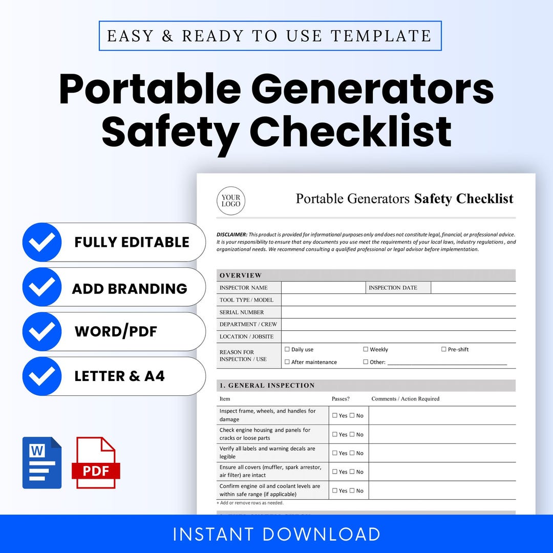 Portable Generators Safety Checklist Template – Word & PDF, A4 + US ...