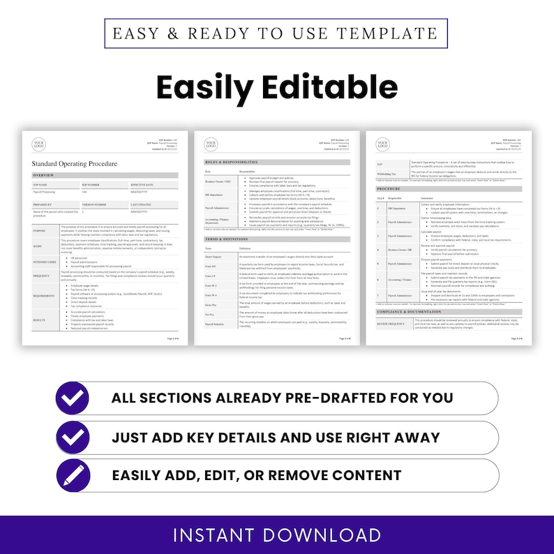 Payroll Processing SOP Template (word, PDF) | Simple Standard Operating ...