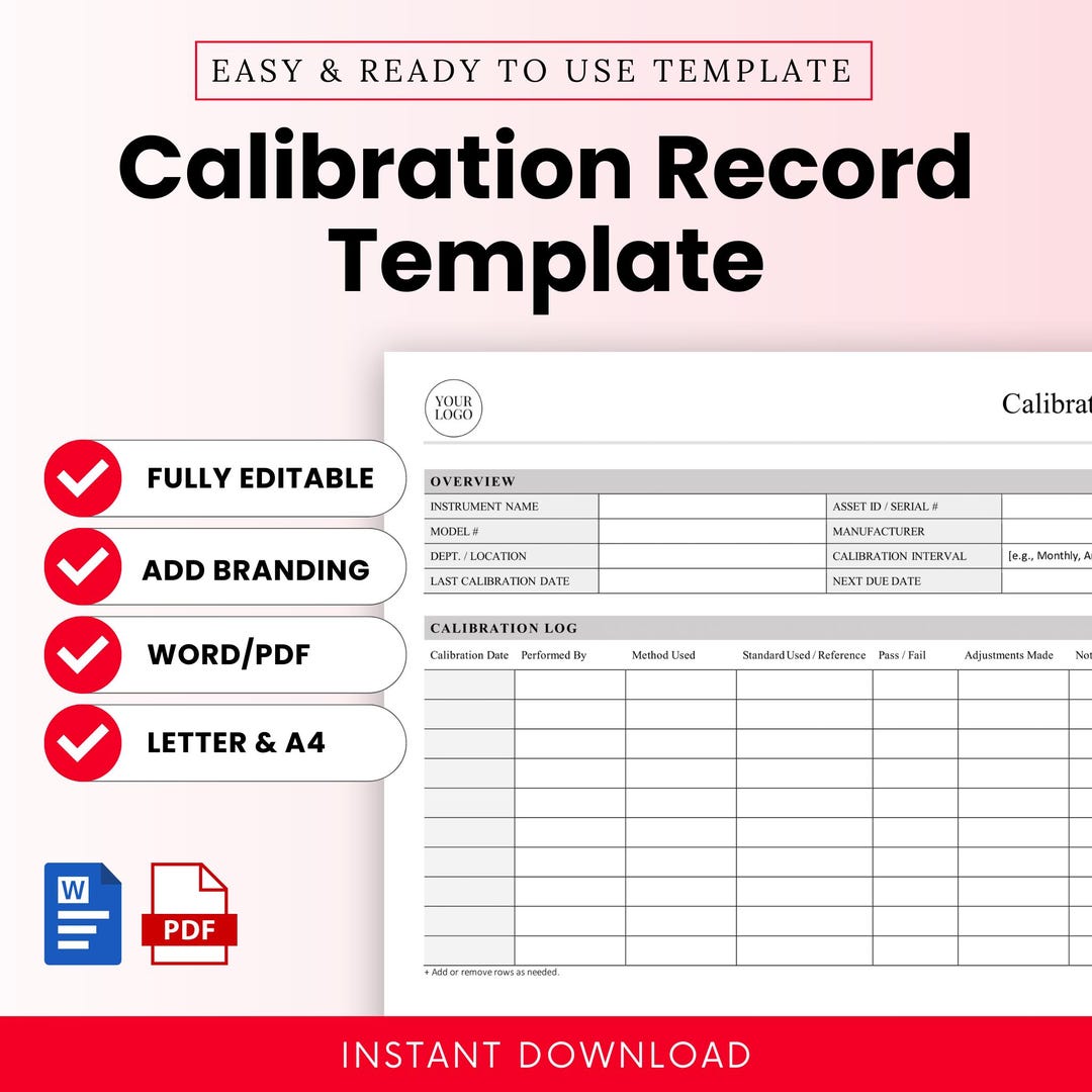 Calibration Record Template - Word & PDF, A4 + US Letter - Etsy
