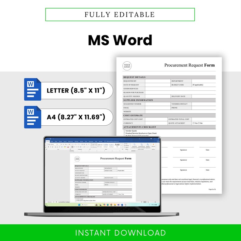 Simple Procurement Request Form Template – Word & PDF, A4 + US Letter ...