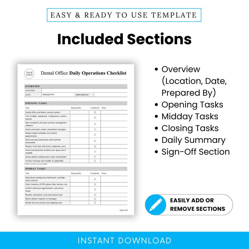 Dental Office Daily Operations Checklist Template – Word & PDF, A4 + US ...